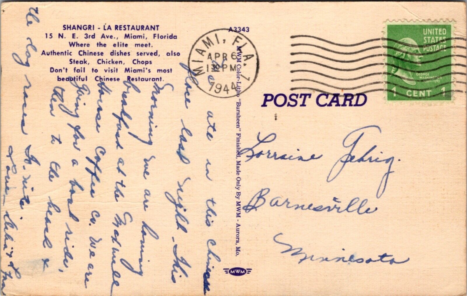 Linen Postcard Shangri La Chinese Restaurant 15 NE 3rd Avenue in Miami ...