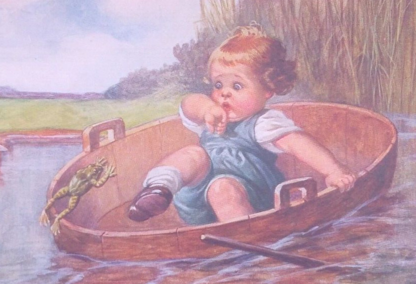 RARE 1920s Fialkowska Child Inside Boat Afraid Of Frog Antique Vintage ...