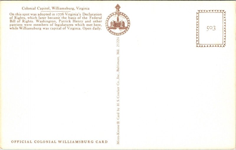 Colonial Capitol Williamsburg Virginia VA Declaration Rights 1776 ...