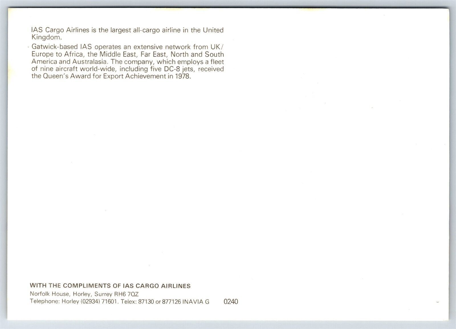 Airplane Postcard IAS Cargo Airlines Issued DC-8 Jet Freighter CP1 ...