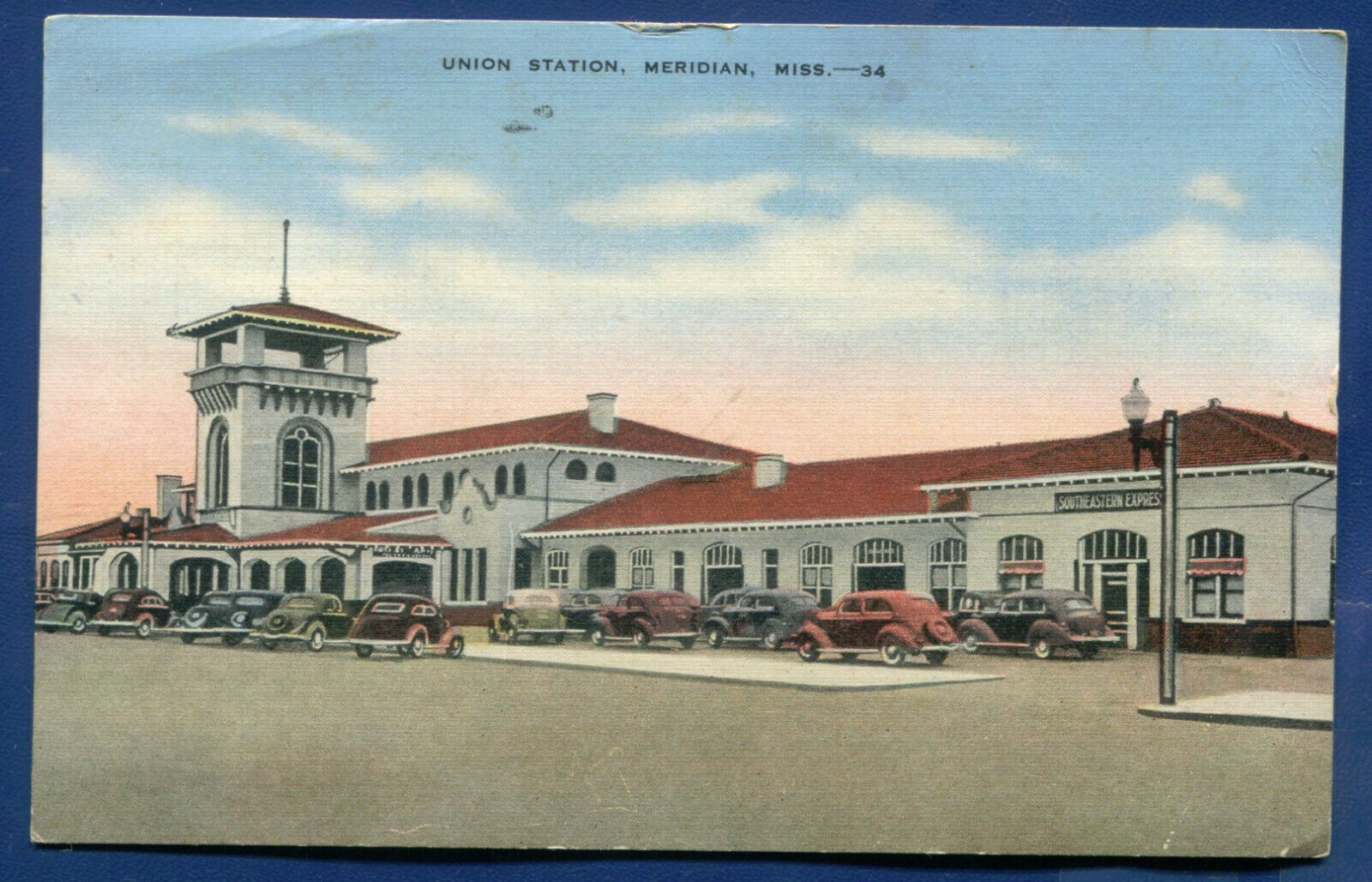 Meridian Mississippi Union railroad station old autos linen postcard ...
