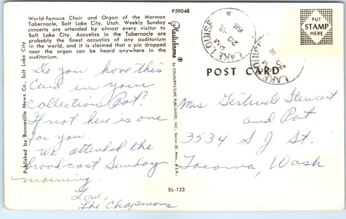 Postcard - World-famous Choir and Organ of the Mormon Tabernacle - Utah ...