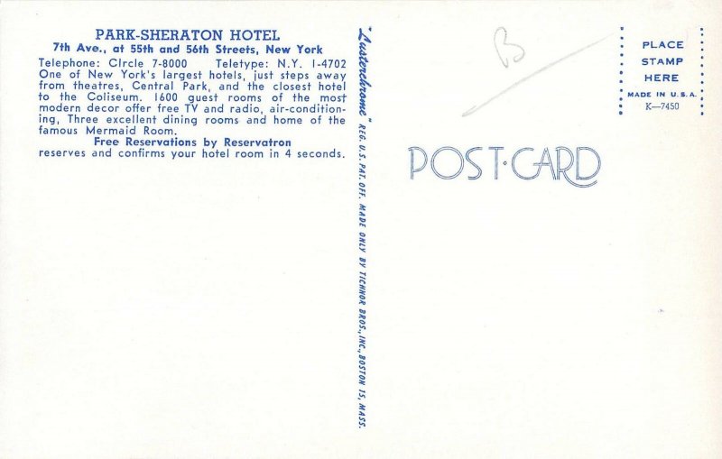 Postcard USA new york city the park sheraton hotel drawing flags ...