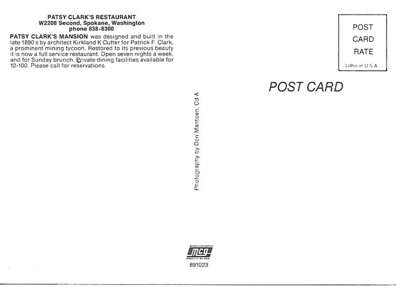 Postcard Patsy Clark's Restaurant Mansion Spokane City County Wash ...