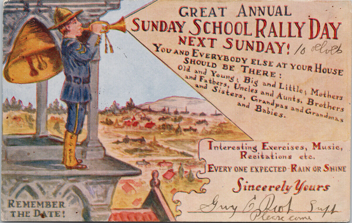 Great Annual Sunday School Rally Day Man in Uniform Horn Bell Postcard ...
