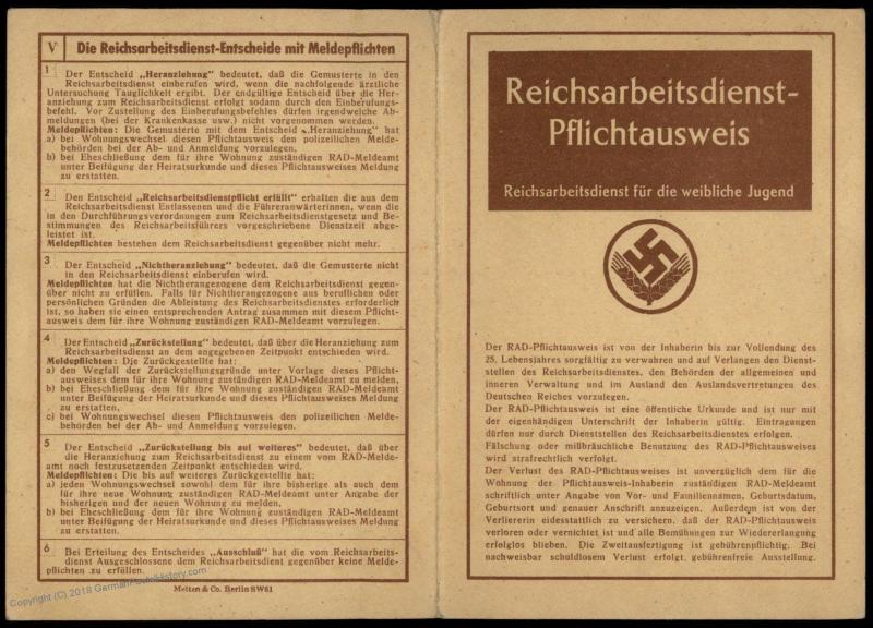 3rd Reich Germany 1944 Reichsarbeitdienst RAD Nazi Work Service ID Card ...