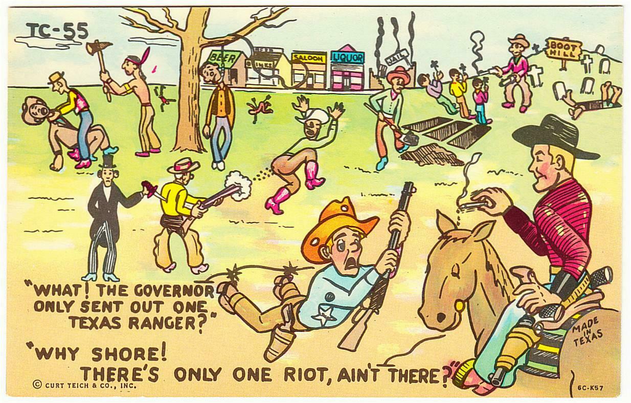 One Texas Ranger For One Riot Cowboy Gunfight Hanging Humor Postcard ...