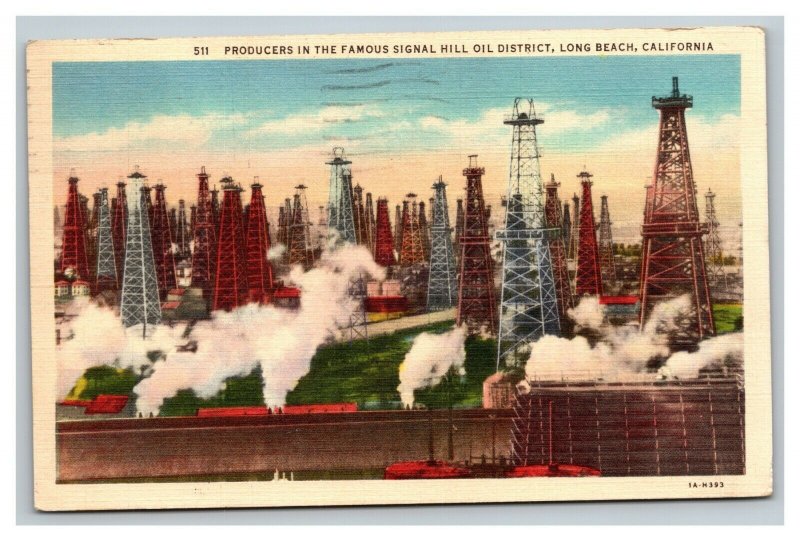 Vintage 1939 Postcard Oil Wells Signal Hill Oil District Long Beach ...