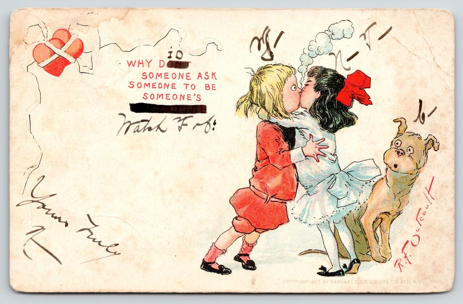 RF Outcault Valentine~Mary Jane Gives Buster Brown Big Kiss~TUCK 1903 ...