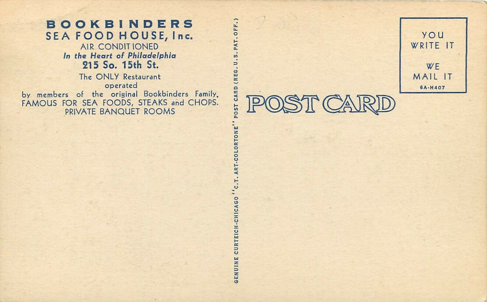 Linen Split View Postcard Bookbinders Seafood Restaurant Philadelphia ...