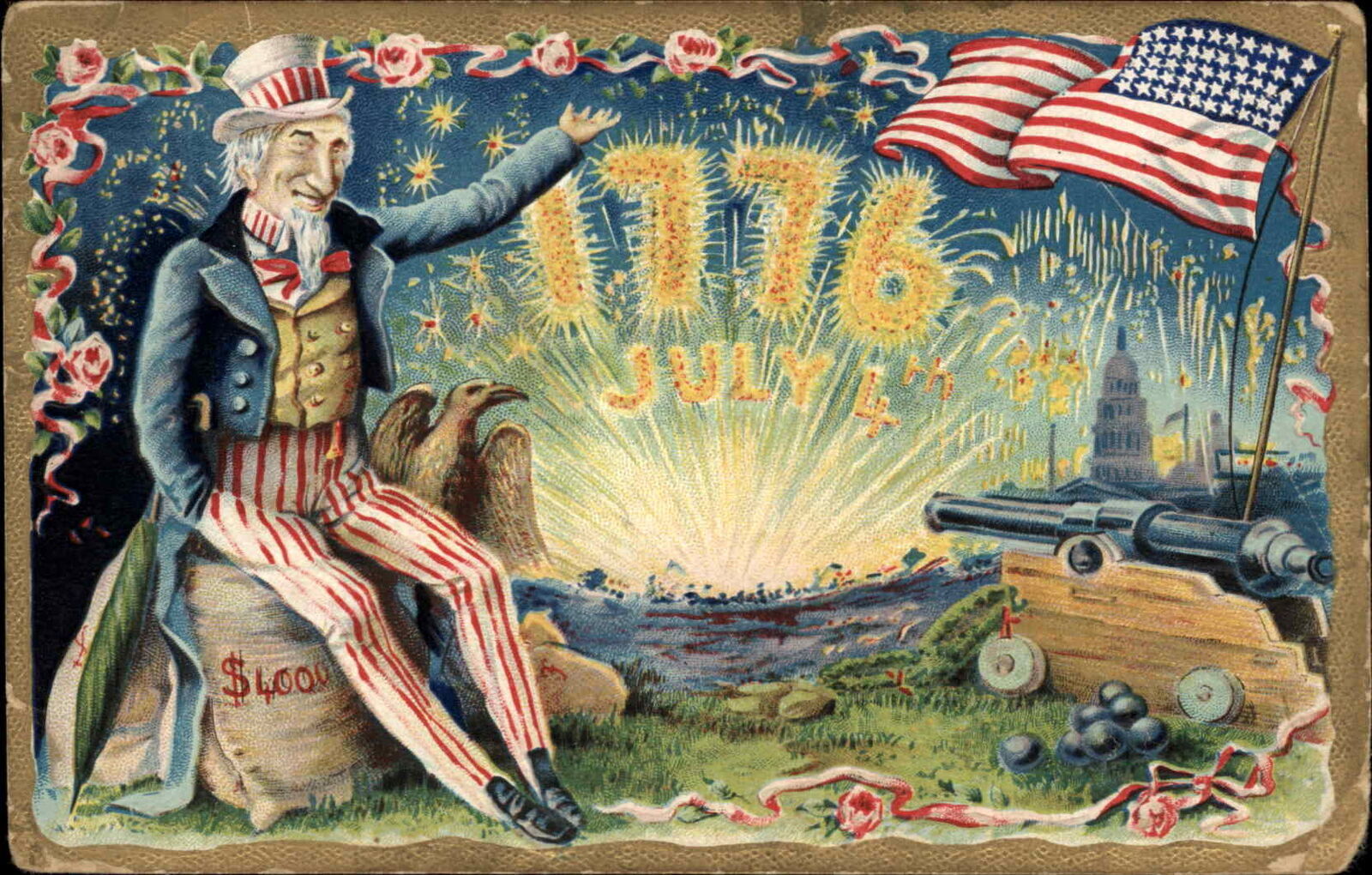 Fourth of July Uncle Sam 1776 in Fireworks Cannon Money c1910 Postcard ...