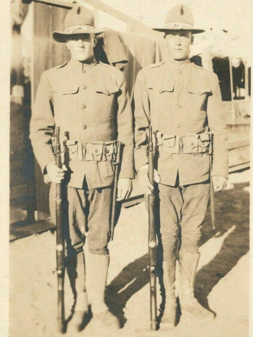 1910 Two Army Soldiers Rifles Infantry Doughboy Attention Hats WWI WW1 ...