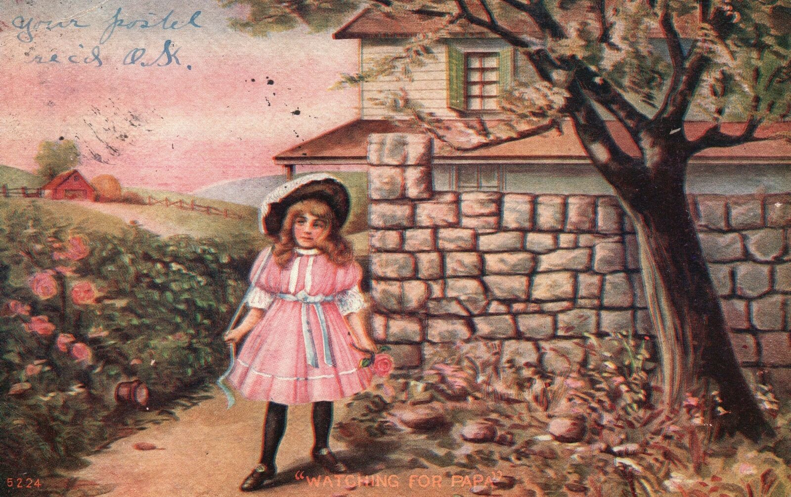 Vintage Postcard 1907 Beautiful Little Dutch Girl near Tree Wall Brick ...