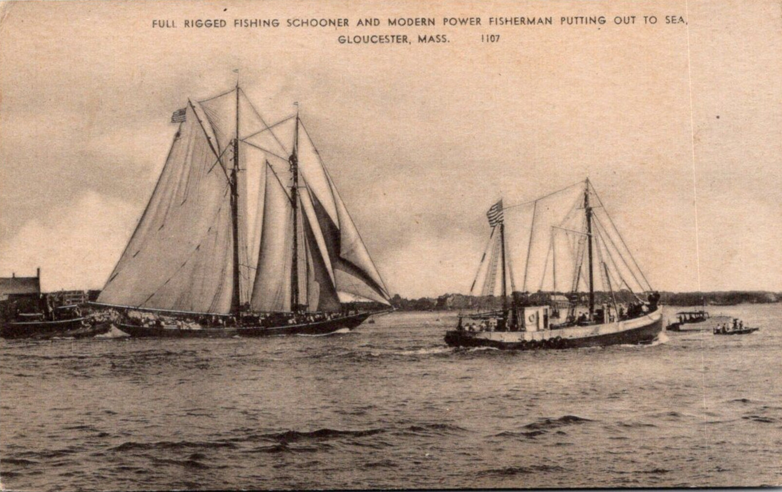 Massachusetts Gloucester Full Rigged Fishing Schooner and Modern Power ...