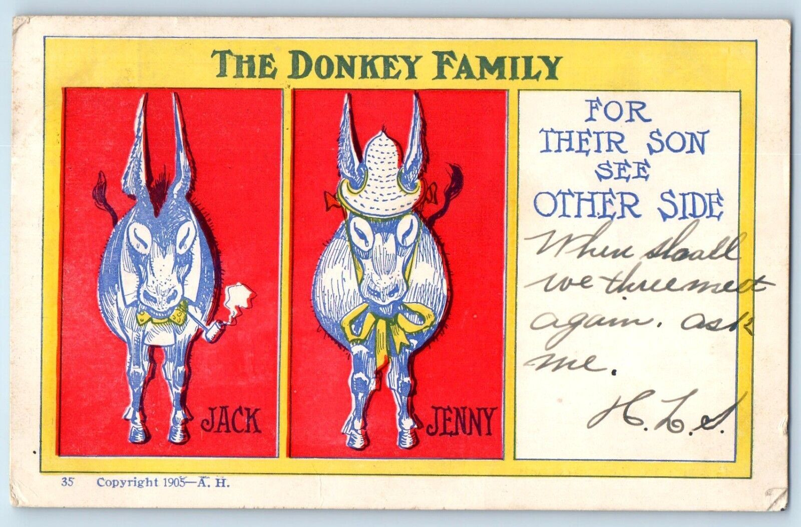 The Donkey Family Jack Jenny Pipe Smoking For Their Son See Other Side Postcard | Europe ...