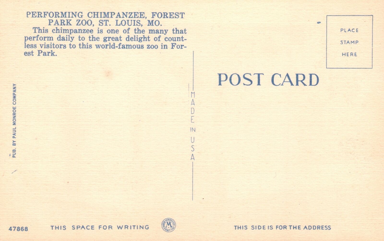 Vintage Postcard 1930's Performing Chimpanzee Forest Park Zoo St. Louis ...