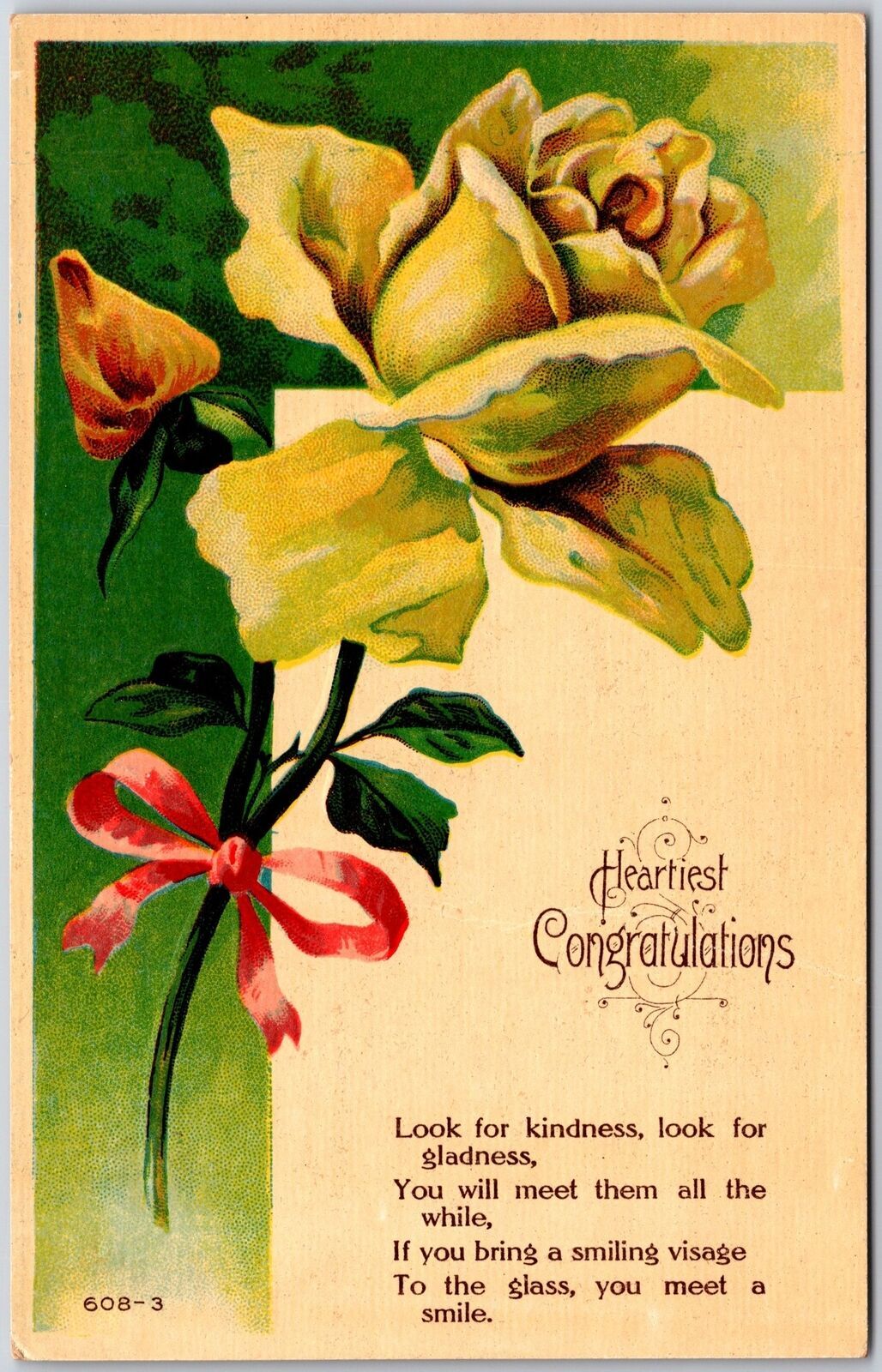 Heartiest Congratulations Yellow Rose Red Ribbon With Message Postcard ...