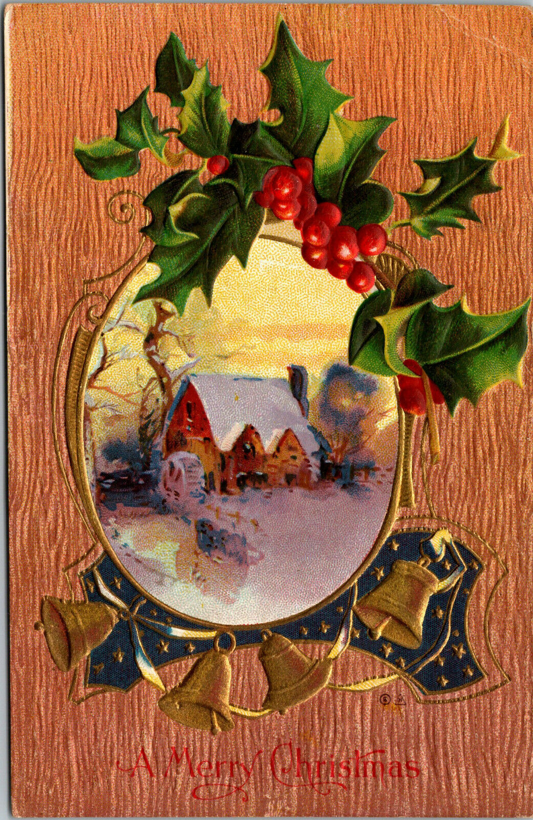 Vintage 1910s Feliz Navidad Campanas De Oro Escena de cabina de Acebo ...