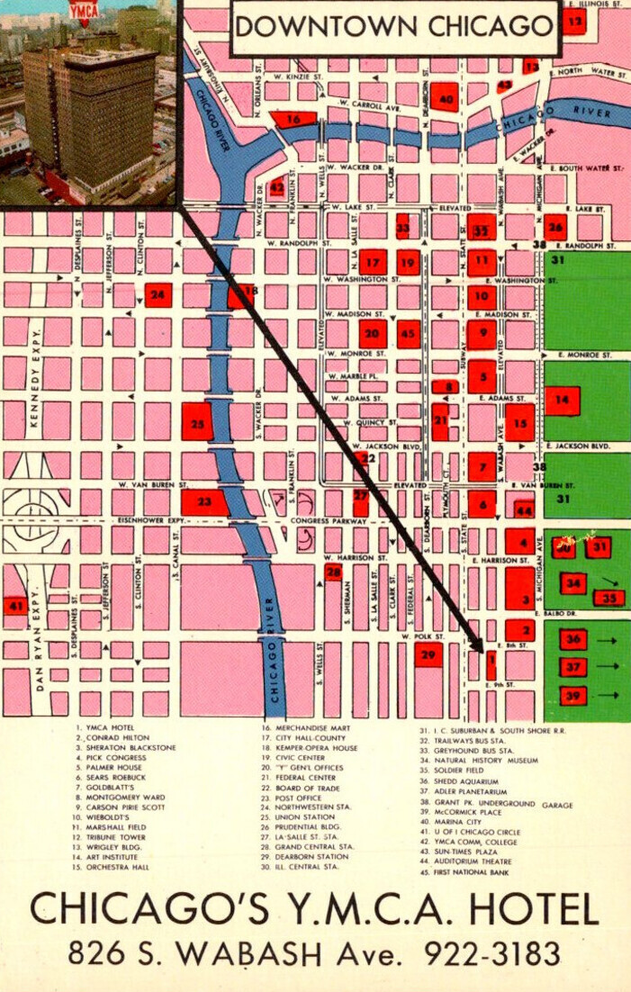 Illinois Chicago Y M C A Hotel and Map Of Downtown | United States ...