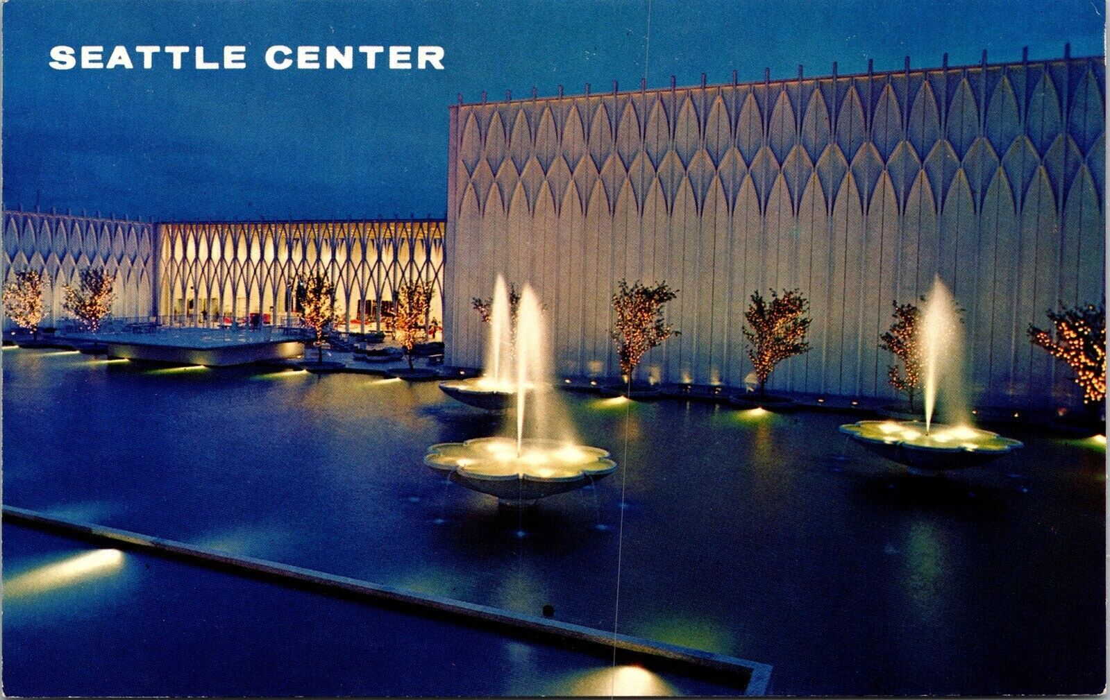 Pacific Seattle Science Center Night Time Lighted Fountains Blue Water ...