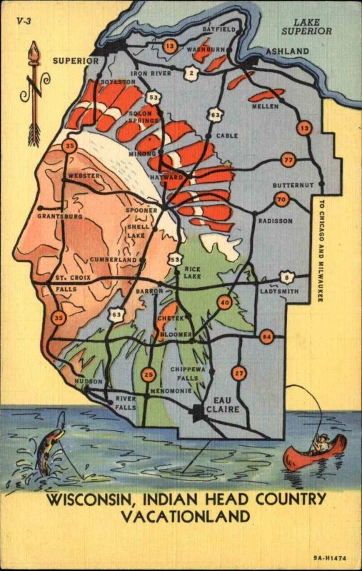 WISCONSIN INDIAN HEAD Map NATIVE AMERICANA Old Linen Postcard | United ...