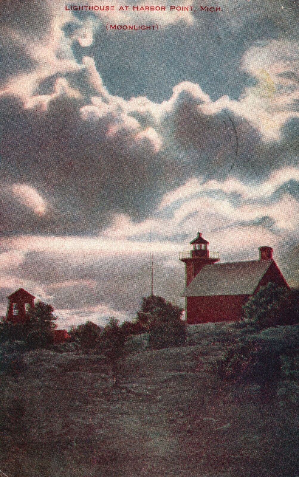 Vintage Postcard 1910's Lighthouse Moonlight at Harbor Point Michigan V ...