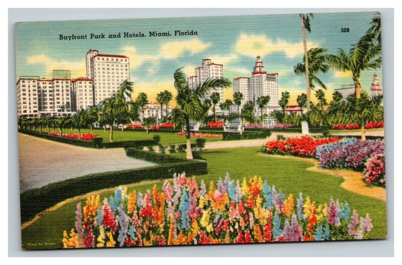 Vintage 1940's Postcard Bayfront Park & Hotels Biscayne Blvd Miami ...
