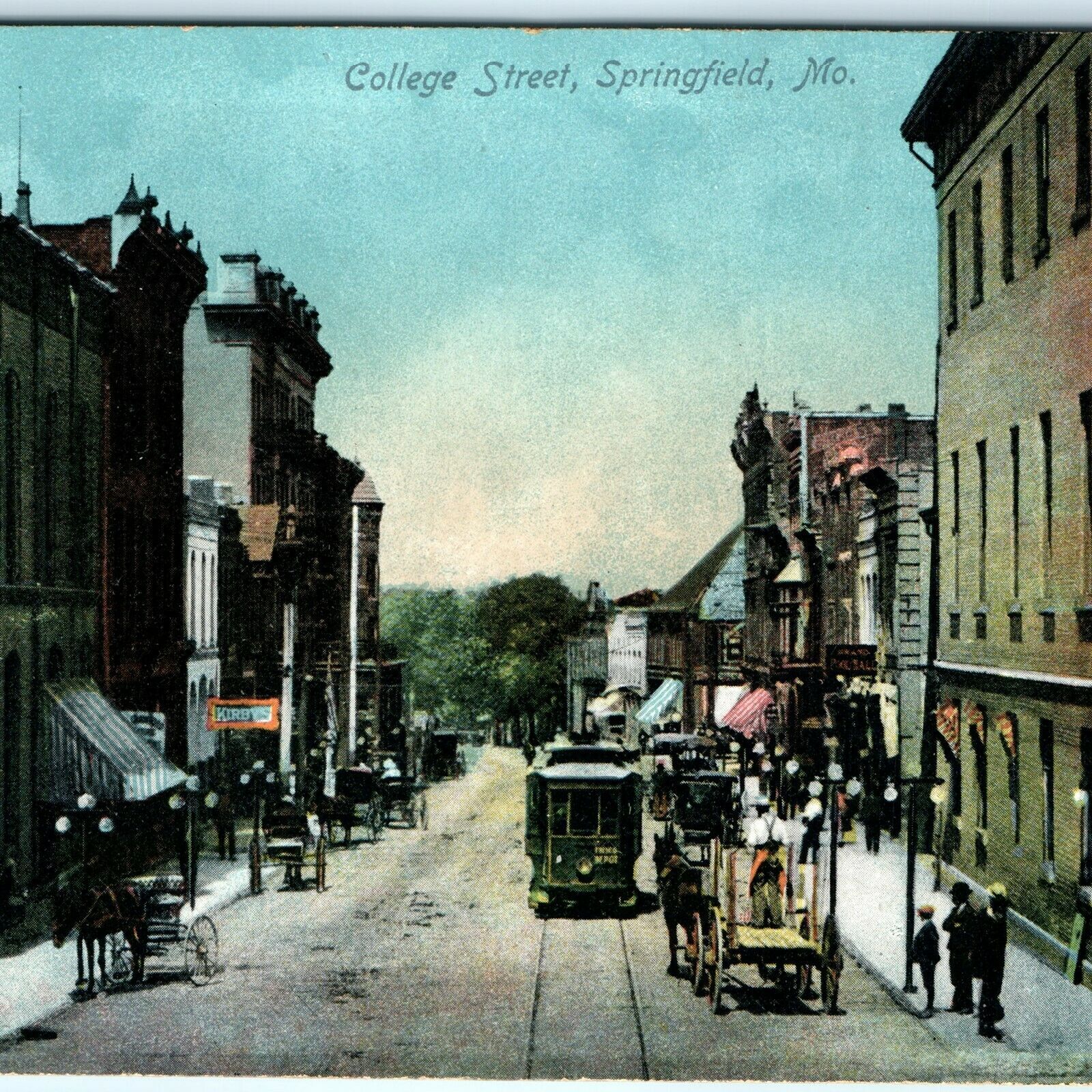 1911 Springfield, MO College Street Litho Photo Postcard Downtown Main ...