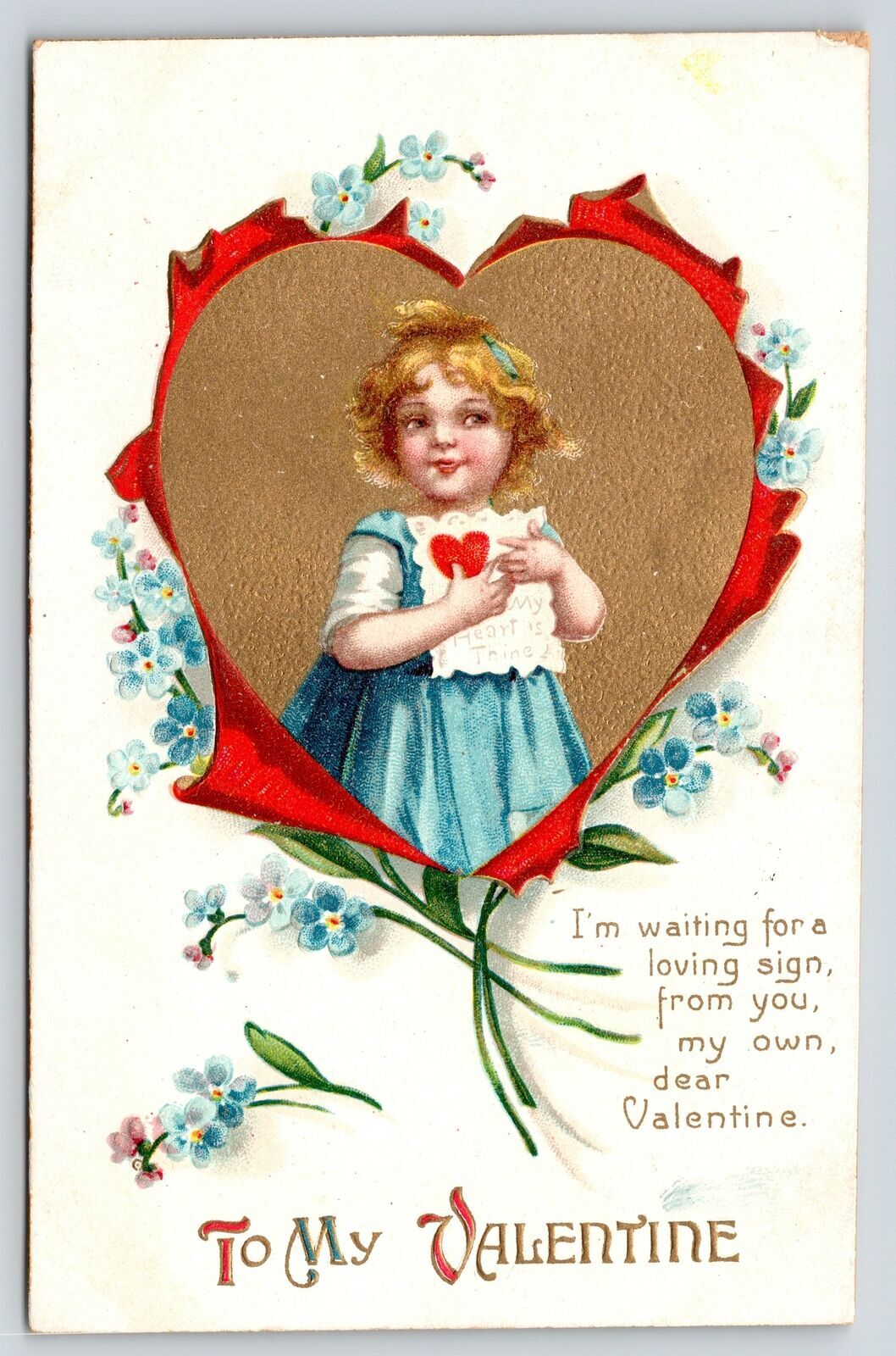Clapsaddle Valentine~Lil Girl Holds Card in Cutaway Gold Red Heart ...