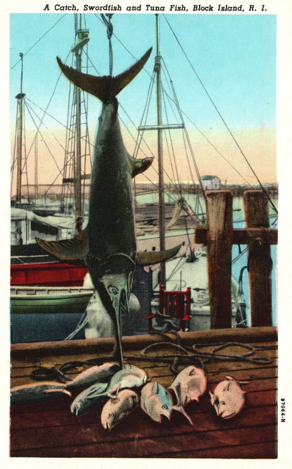 Vintage Postcard A Catch Giant Swordfish & Tuna Fish Blocks Island ...