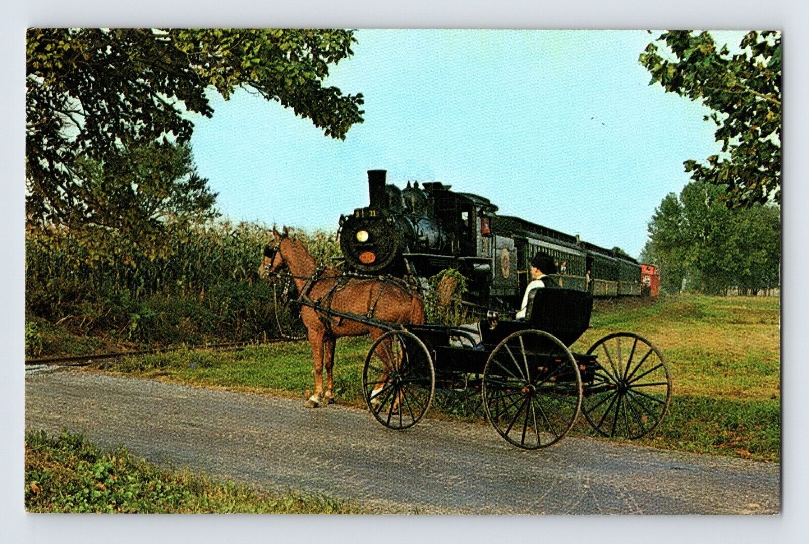 Postcard Railroad Train Strasburg Steam Engine Amish Horse Buggy 1960s ...