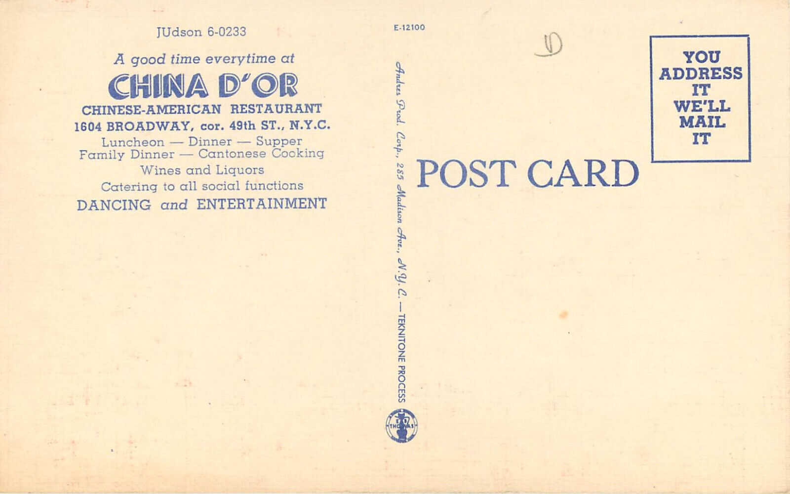 Linen Postcard China D'or Times Square New York City Chinese Restaurant ...