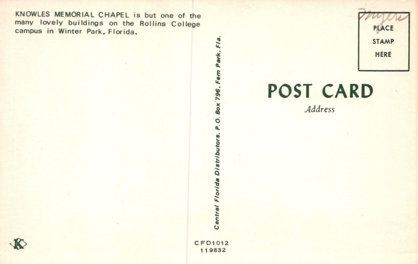 Vintage Standard Size Postcard Knowles Memorial Chapel at Winter Park ...