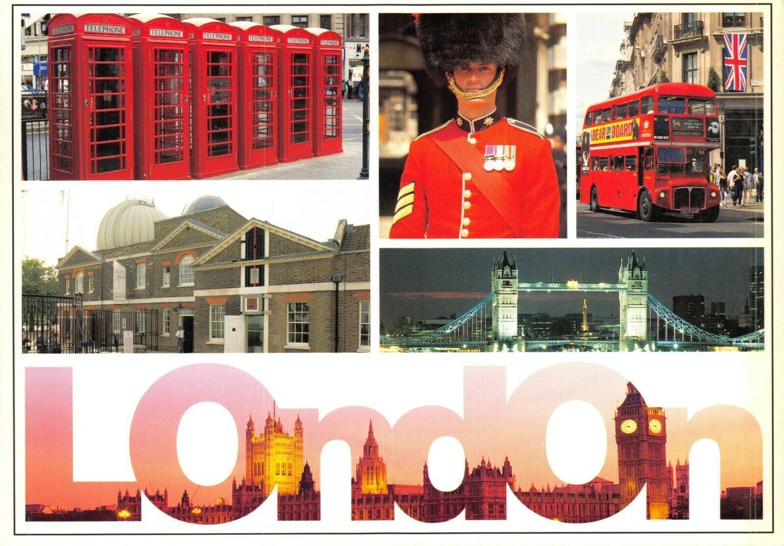 London Multi View Postcard Telephone Boxes, Bus, Queens Guard Tower ...