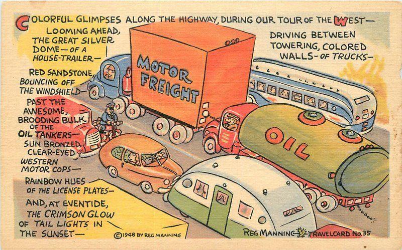 1948 Road Transportation Humor Manning Travel Trailer Bus Oil Tanker ...