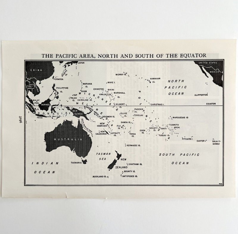 Map Of The Pacific Area North South Of Equator 1940s Print Australia ...