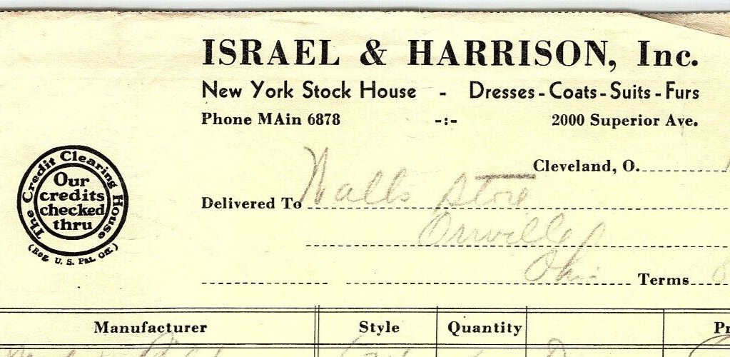 1936 Israel & Harrison Dresses Suits Furs Cleveland Ohio Billhead ...