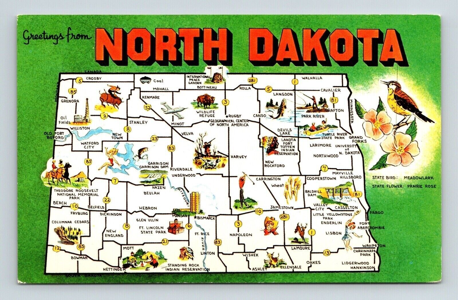 Greetings North Dakota Flickertail State Map Cities State Capitol DB ...