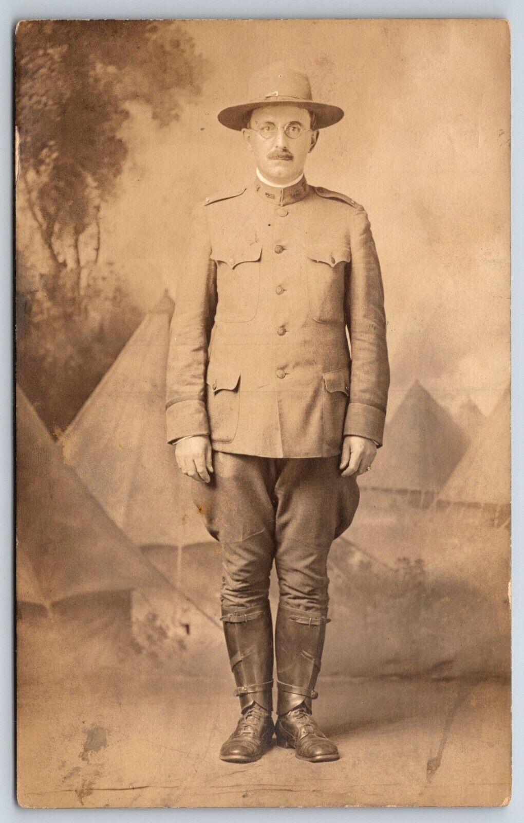 RPPC WWI Soldier w/Moustache & Wire Rim Glasses~Tents Studio Backdrop ...