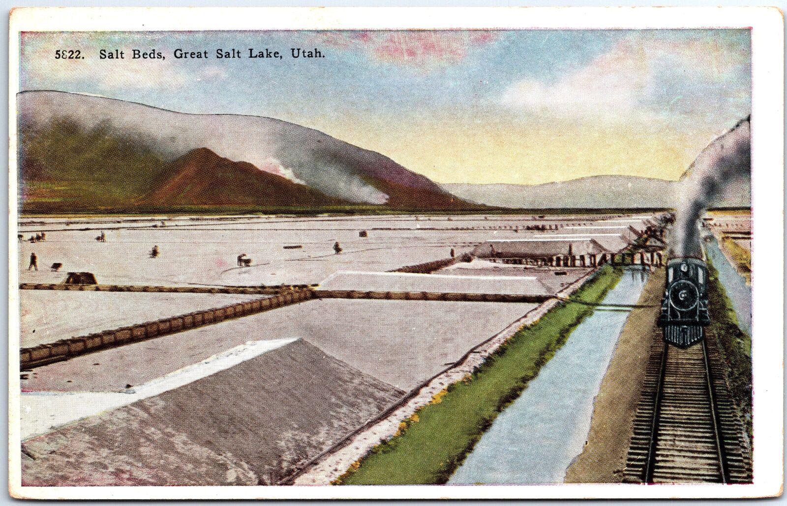 Vintage Postcard Salt Beds on Great Salt Lake Utah With Train Railroad ...