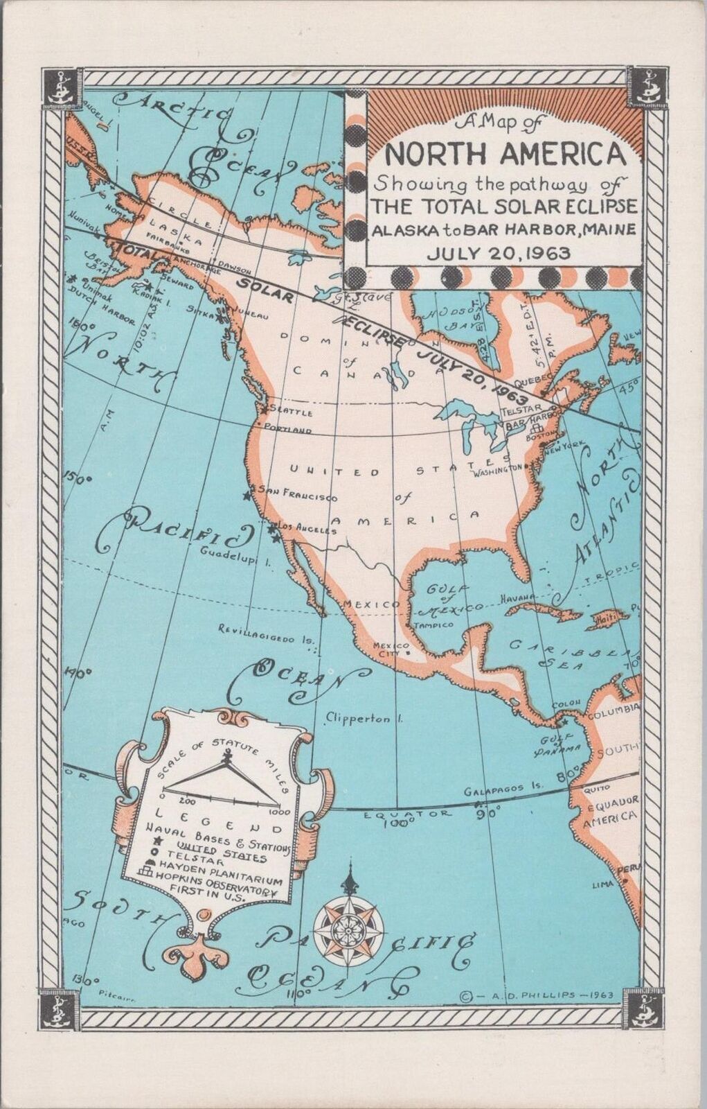 Postcard Map North America Showing Pathway Total Solar Eclipse July 20 ...