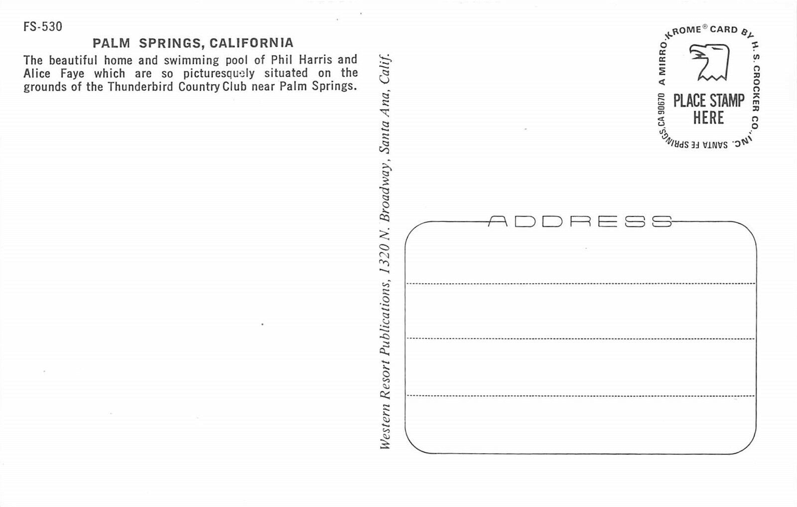 Palm Springs California 1960-70s Postcard Home of Alice Faye and Phil ...