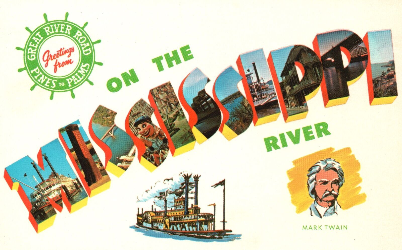 Vintage Postcard Greetings Life On The Mississippi River Large Capital ...