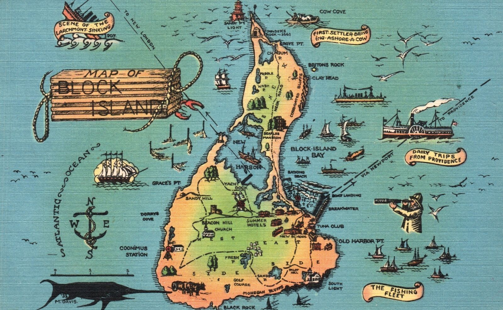 Vintage Postcard 1964 Map of Block Island Atlantic Ocean Harbor Fishing ...