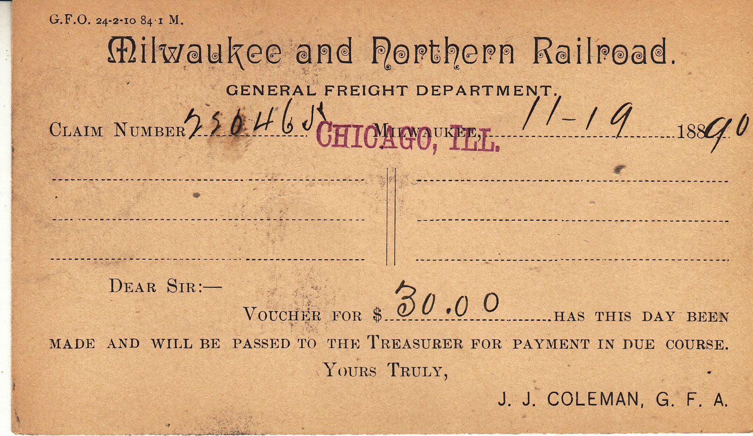Milwaukee and Northern Rr-General Freight Dept. Postal Card 1890 ...
