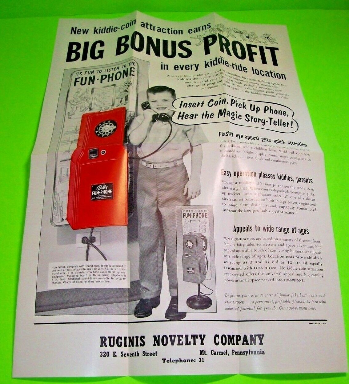 Bally Fun Phone Arcade FLYER 1960 NOS Kiddie Telephone Story Telling ...