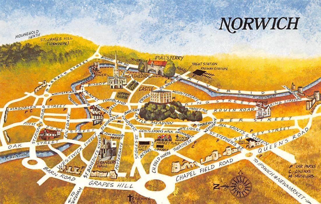 Norwich city centre, medieval walls, map / HipPostcard