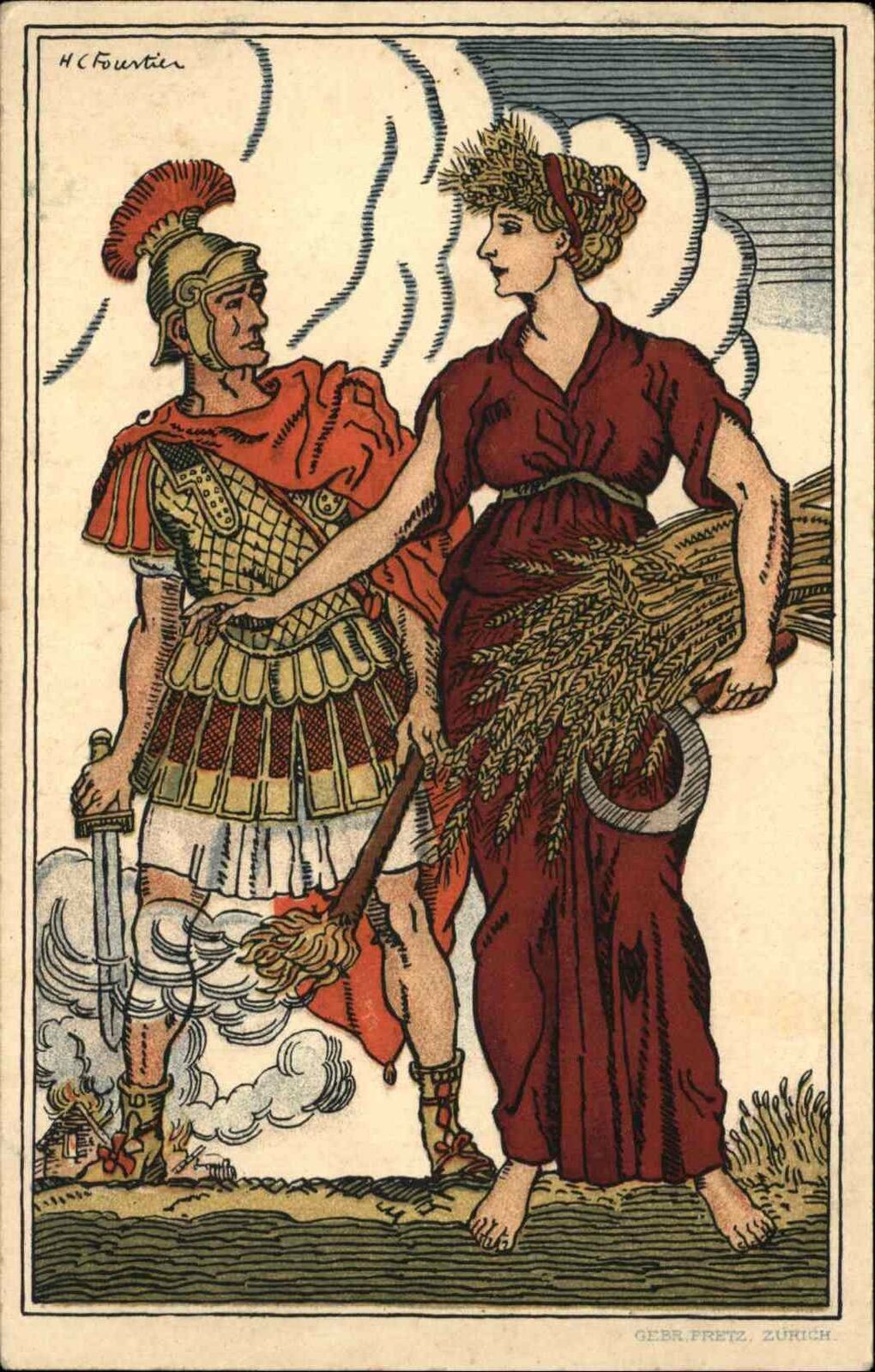 Art Deco Beautiful Woman Reaping Wheat Scythe Soldier Knight FOURTIER ...