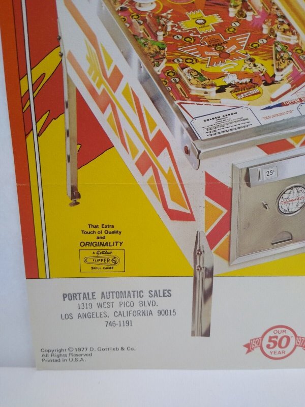 Golden Arrow Pinball Machine Flyer Vintage Gottlieb Game Artwork 8.5" x ...