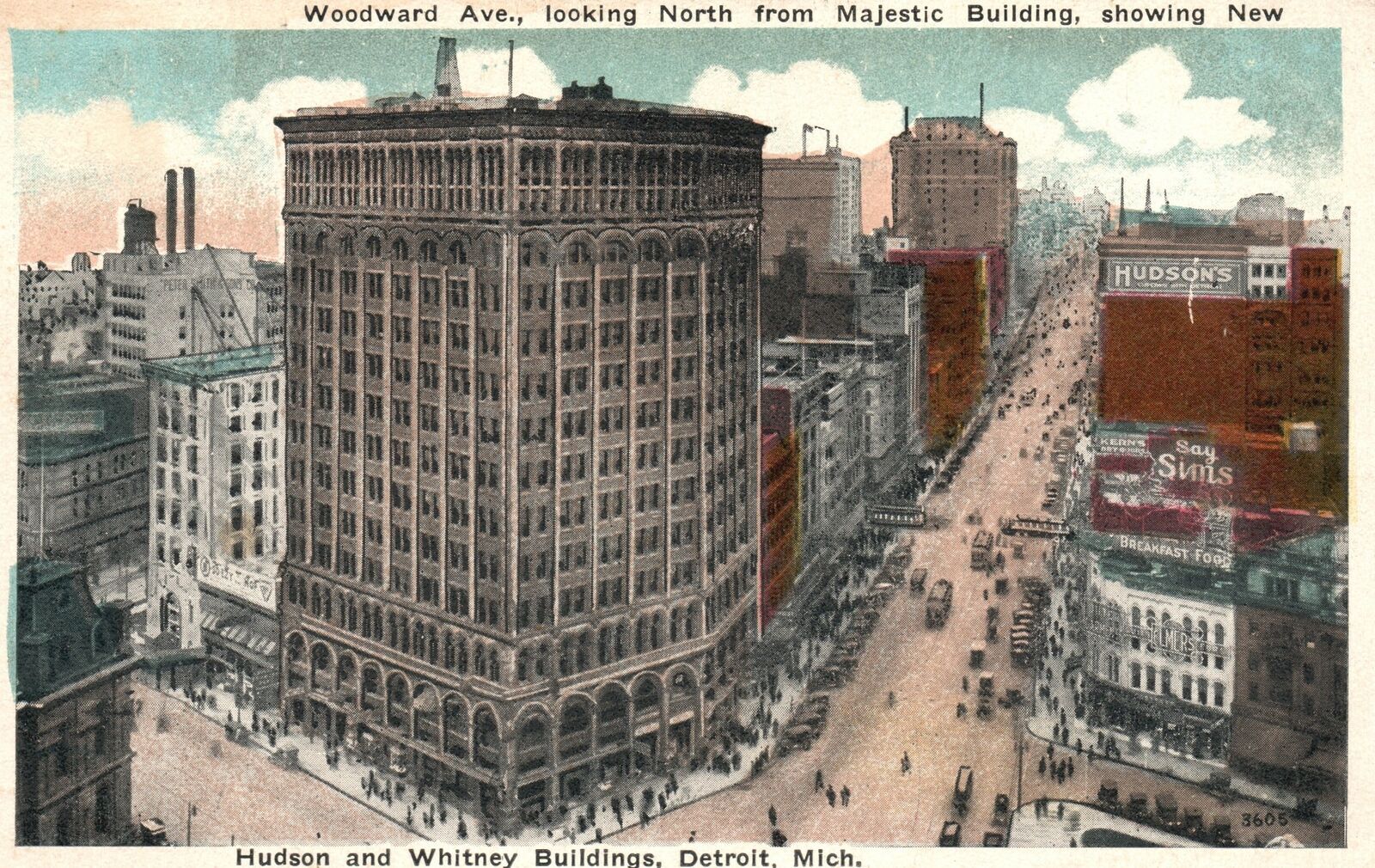 Vintage Postcard 1920's Woodward Ave. Hudson & Whitney Building Detroit ...